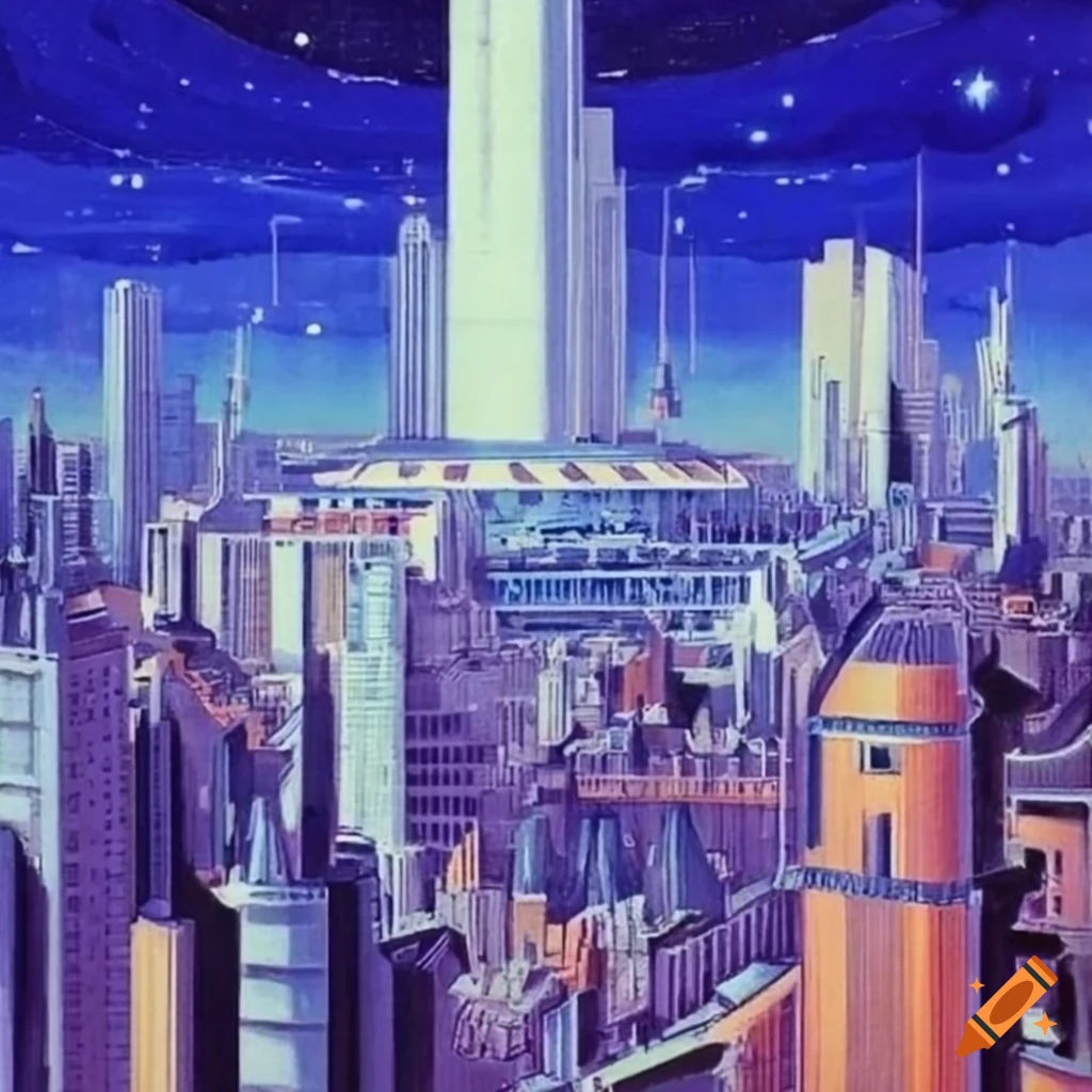 Advanced city with vast skyscrapers in a 70s sci-fi art on Craiyon