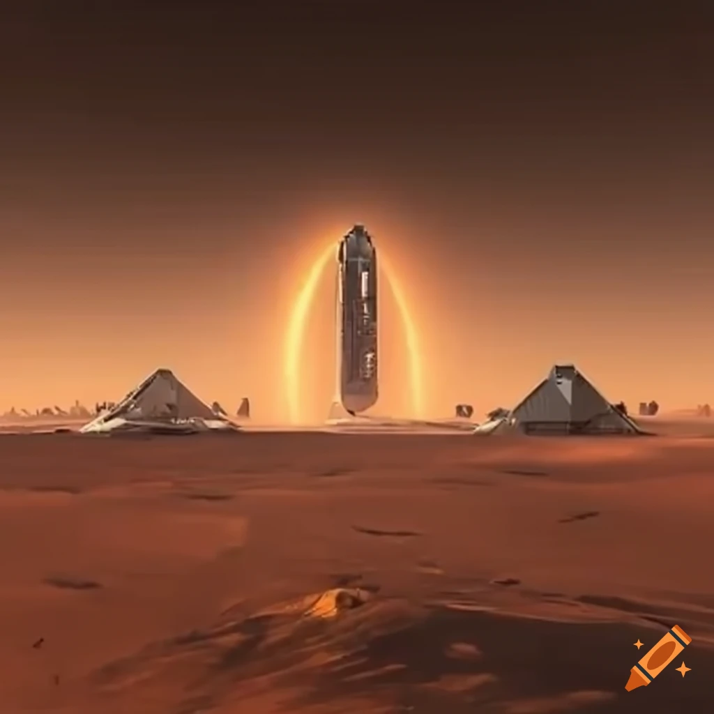 Expansive industrial martian spaceport with a landed cargo spacecraft ...