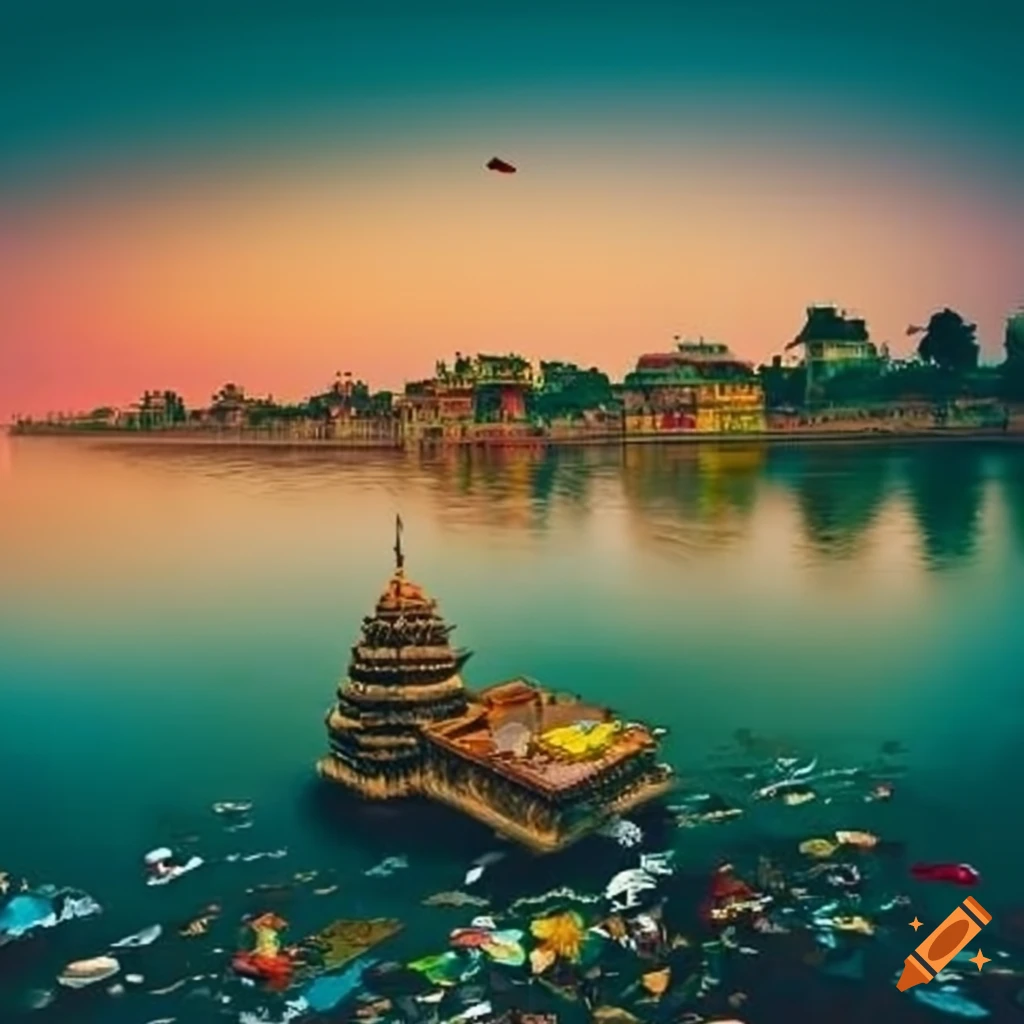 Polluted ganga river with temple, trees, and people on Craiyon