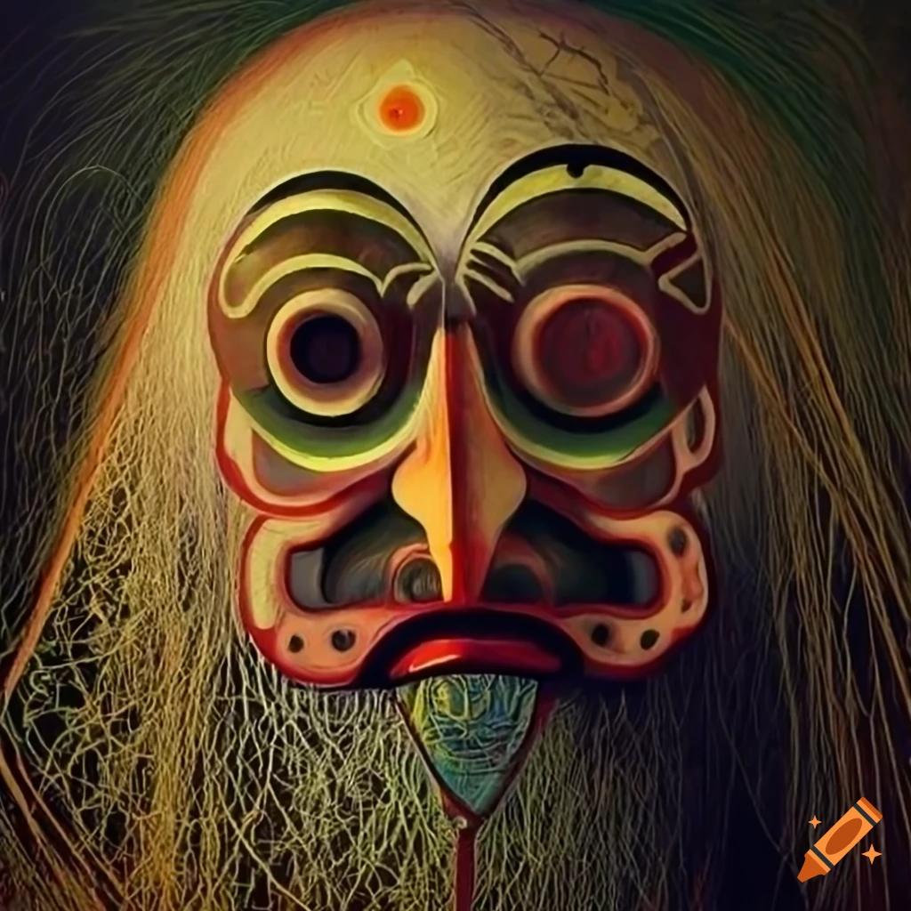 3d illustration of baba yaga with native salish motifs and designs on ...