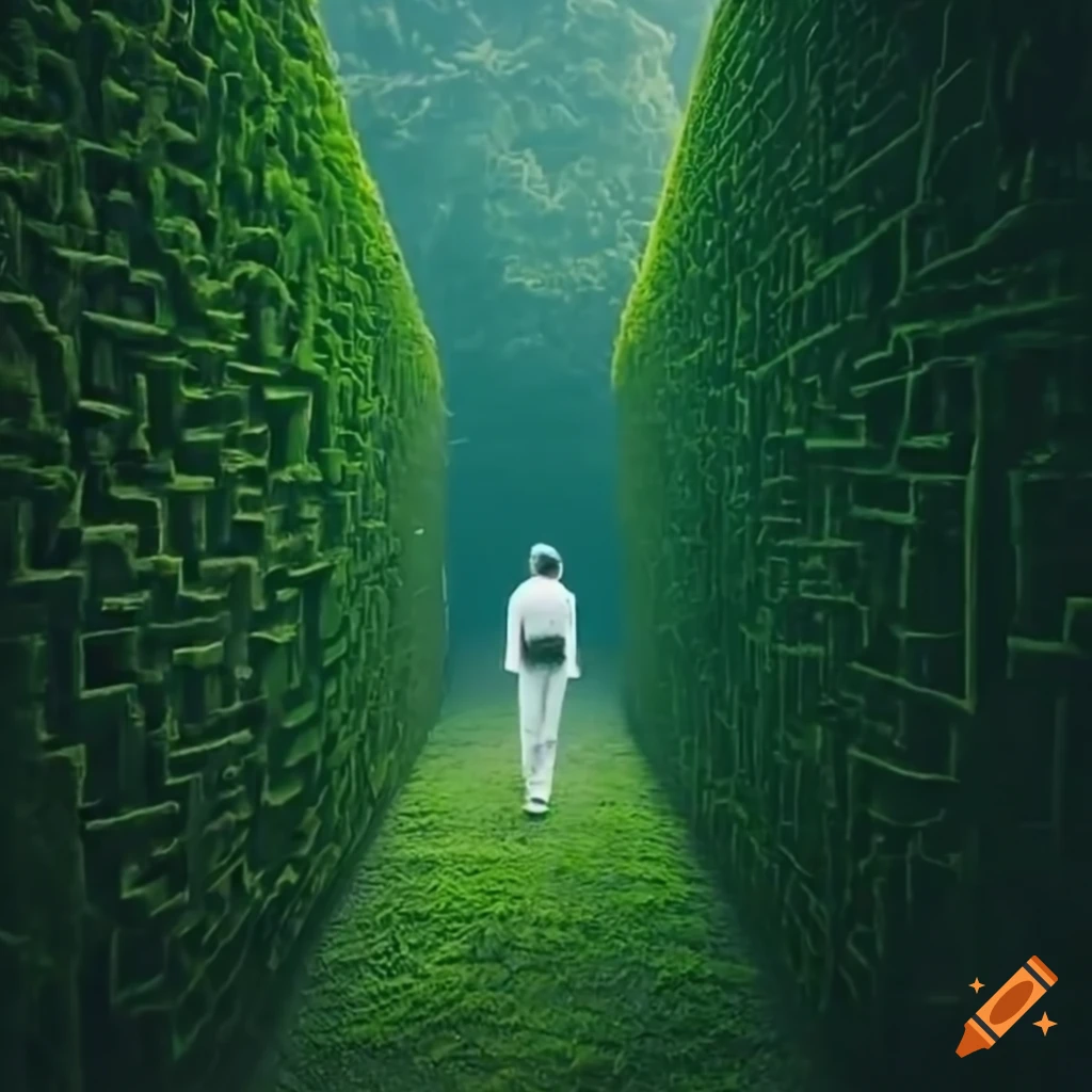 First person view inside a foggy hedge maze labyrinth on Craiyon