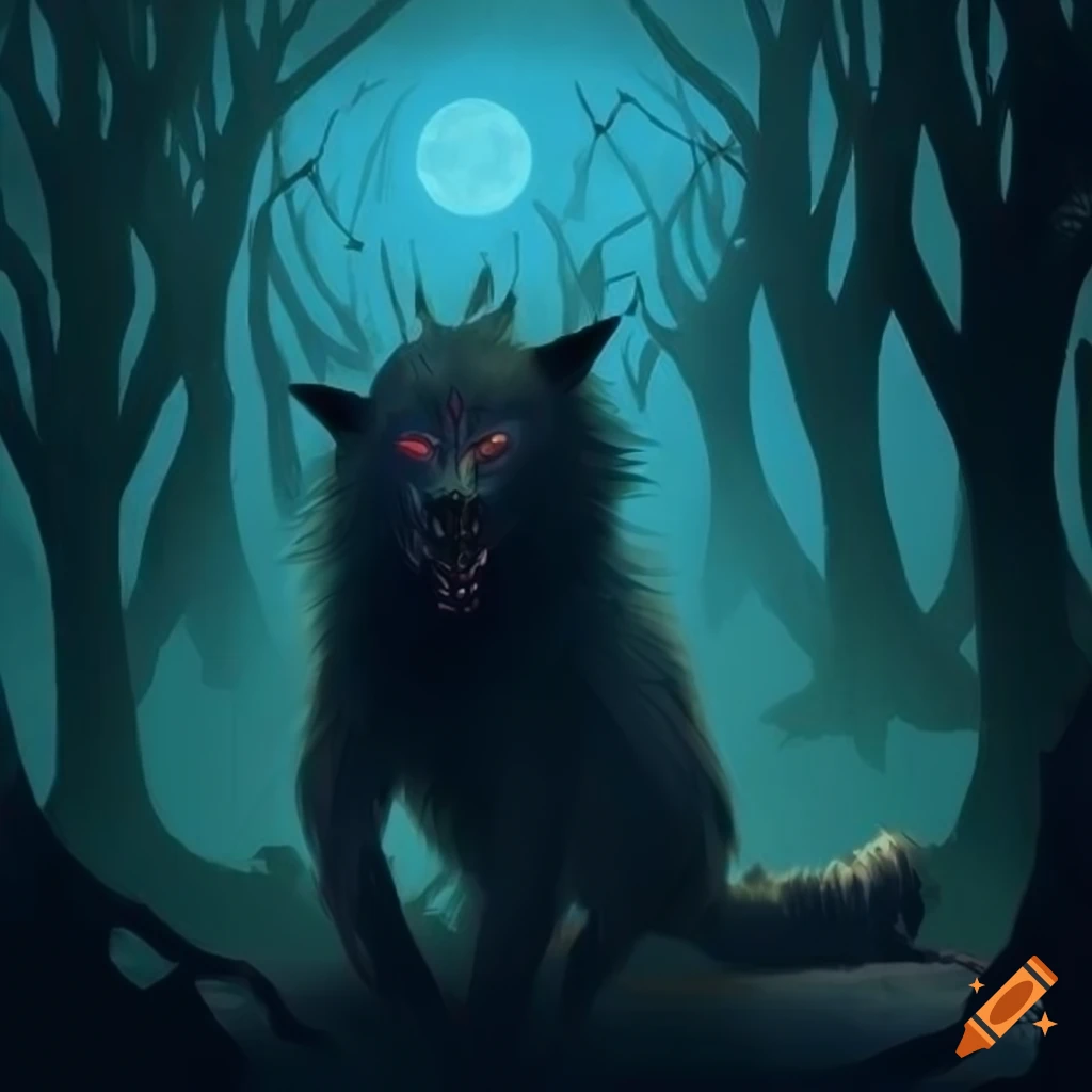 Fearsome Fenrir in mystical ancient forest with ruins covered in moss ...