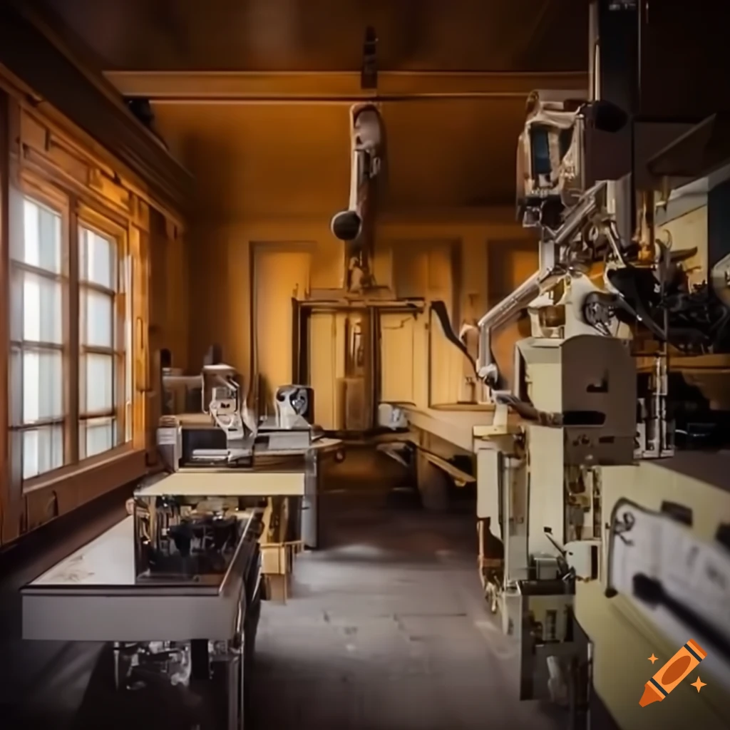 Cramped workshop with robot arms and machinery with austrian alps ...