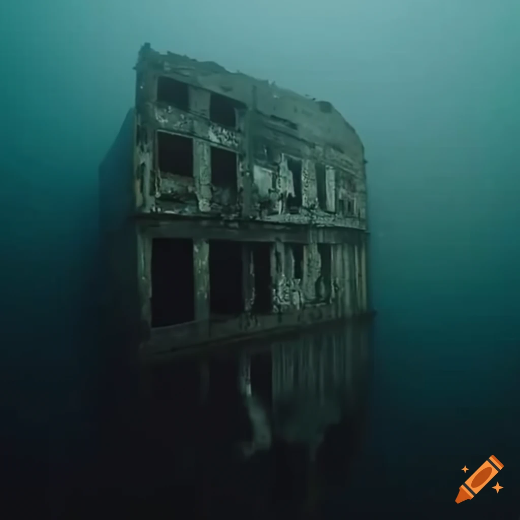Crumbling abandoned building sinking into ocean in a pale orange fog on ...
