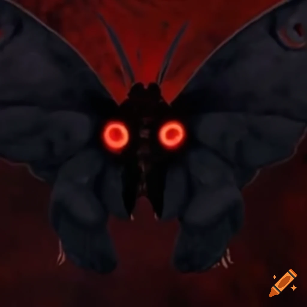 Far away shot of the mysterious mothman with glowing red eyes on Craiyon
