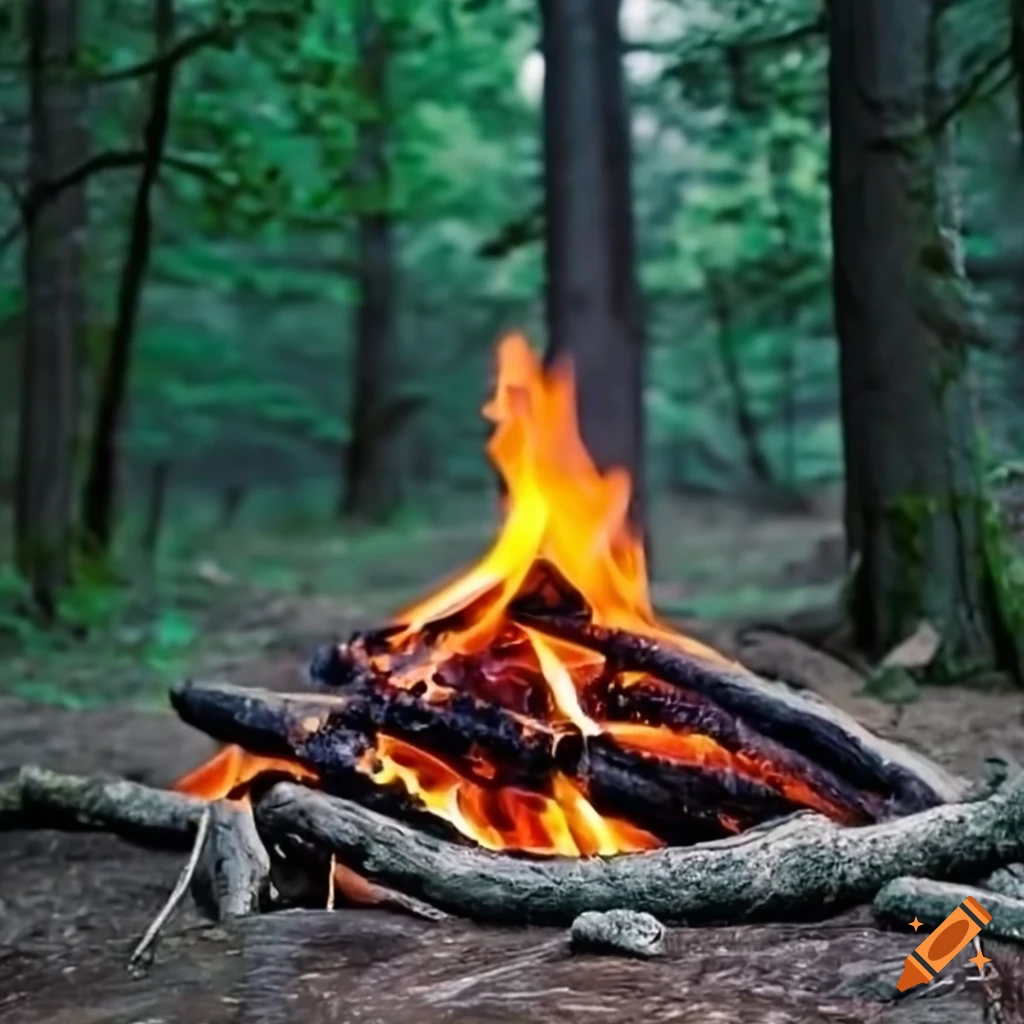 Gentle wood fire in a peaceful forest on Craiyon