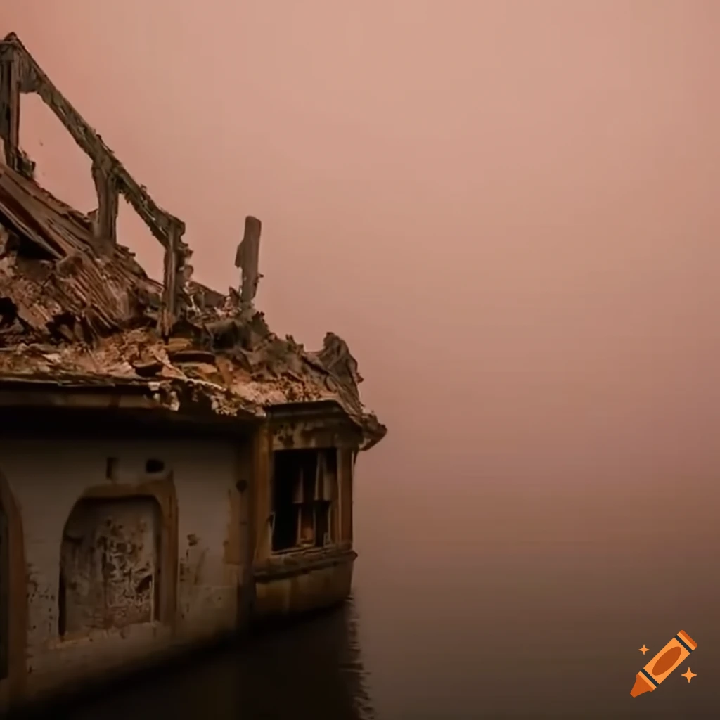 Crumbling abandoned building sinking into ocean in a pale orange fog on ...