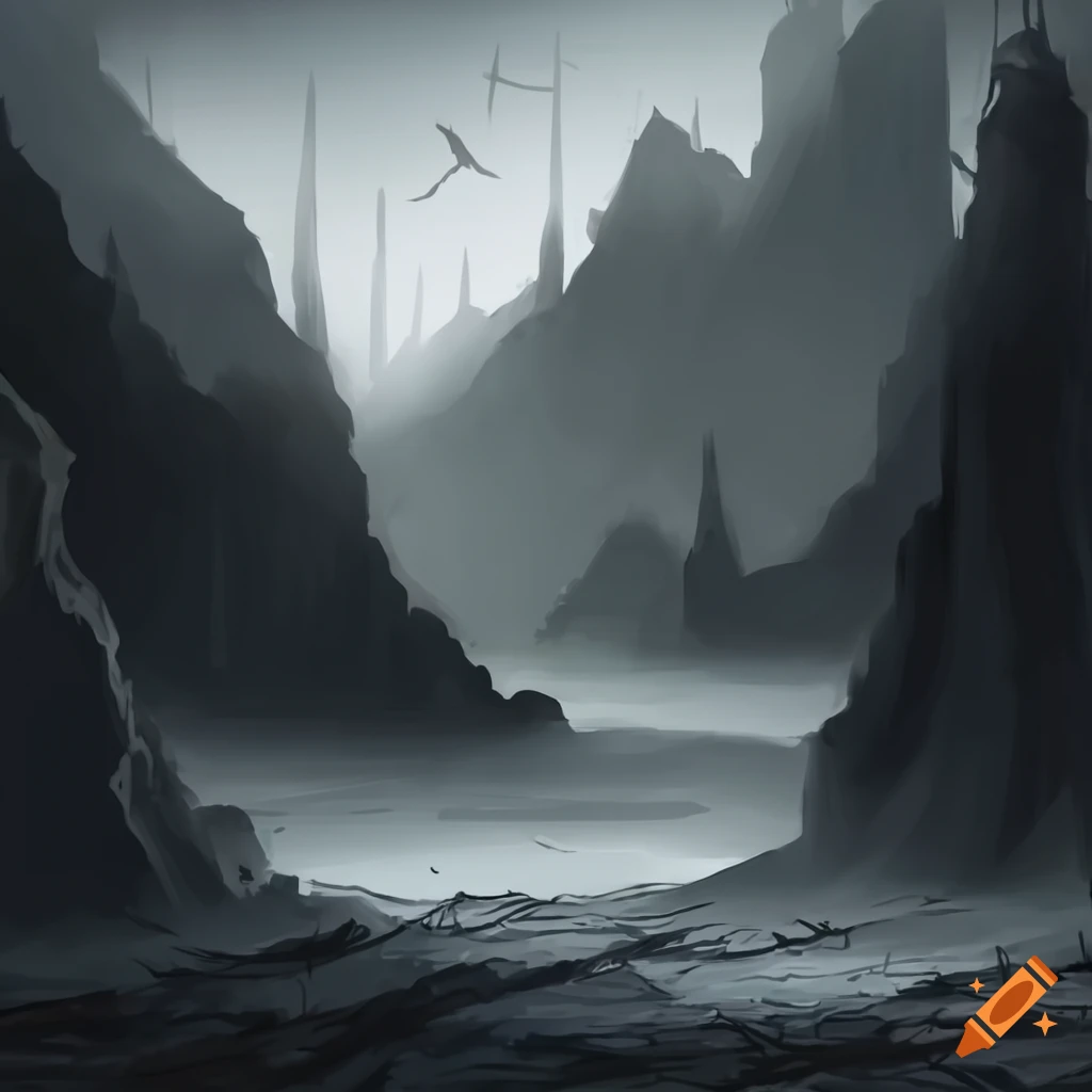 Shadowy flat landscape in white, black, and grey for mtg fantasy art on Craiyon