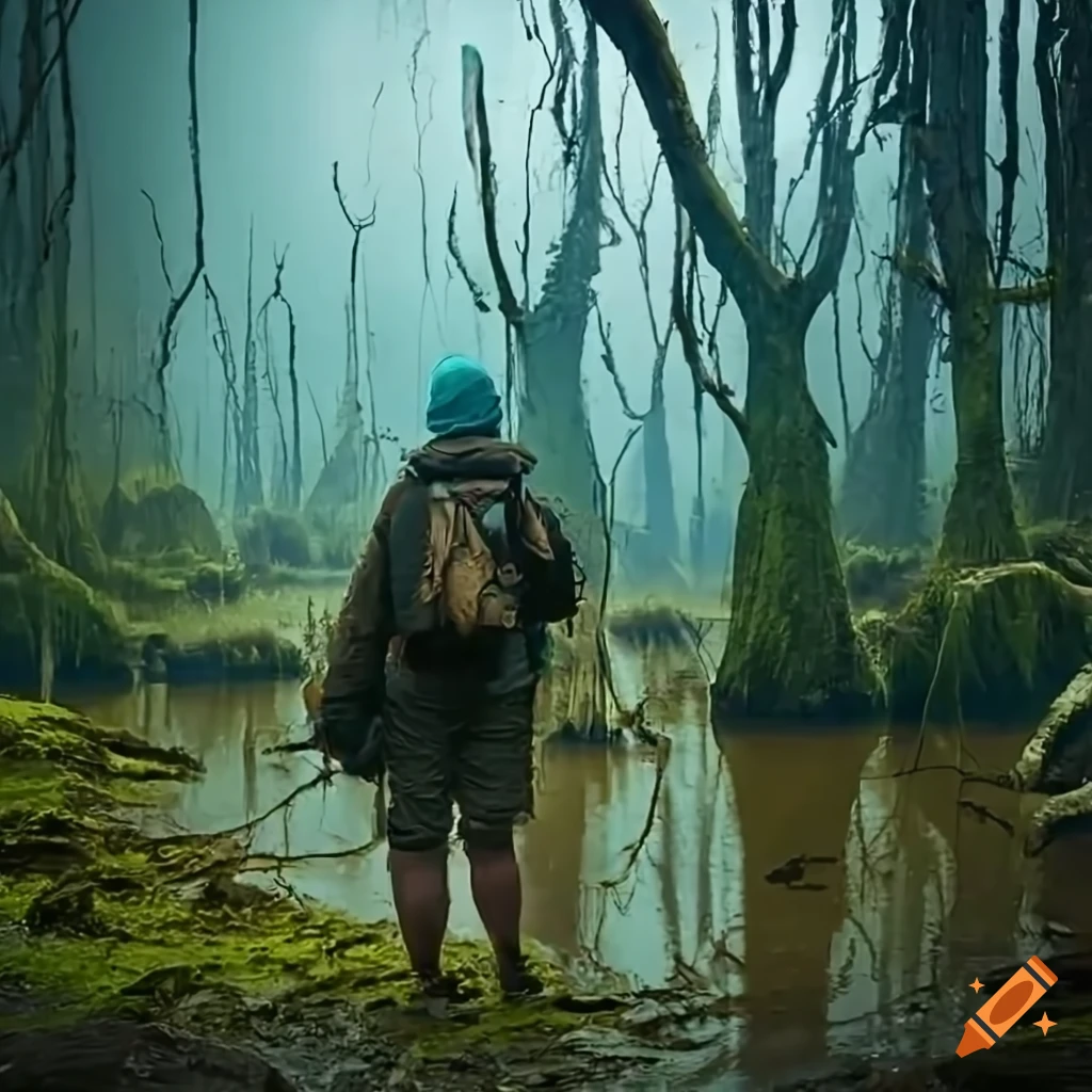Group trekking through a muddy and eerie swamp on Craiyon
