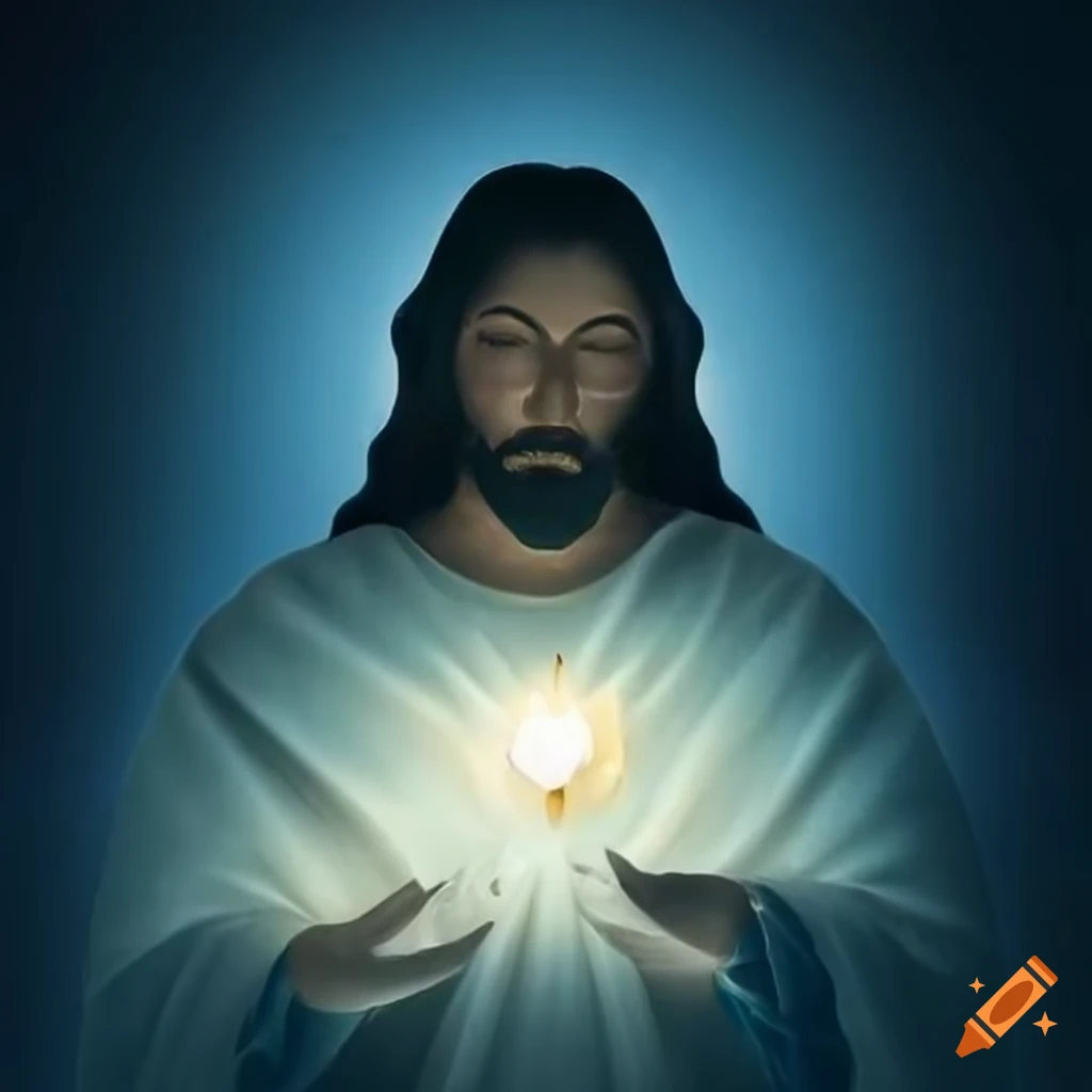 Pure white lotus flower glowing in heavenly sky with Jesus holding it ...