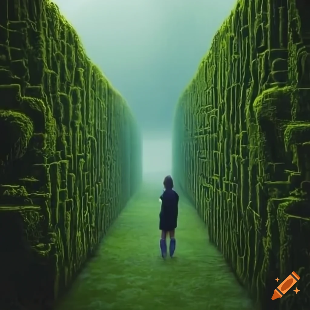 First person view inside a foggy hedge maze labyrinth on Craiyon