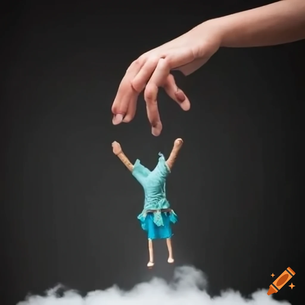 Hand of god in a cloud manipulating a puppet show below on Craiyon