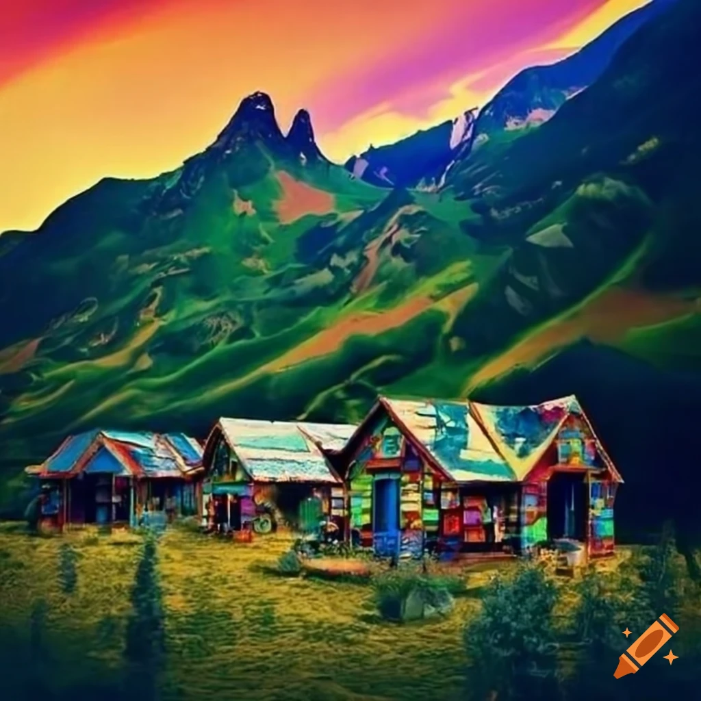 Colorful hippie houses in the mountains with a psychedelic vibe on Craiyon