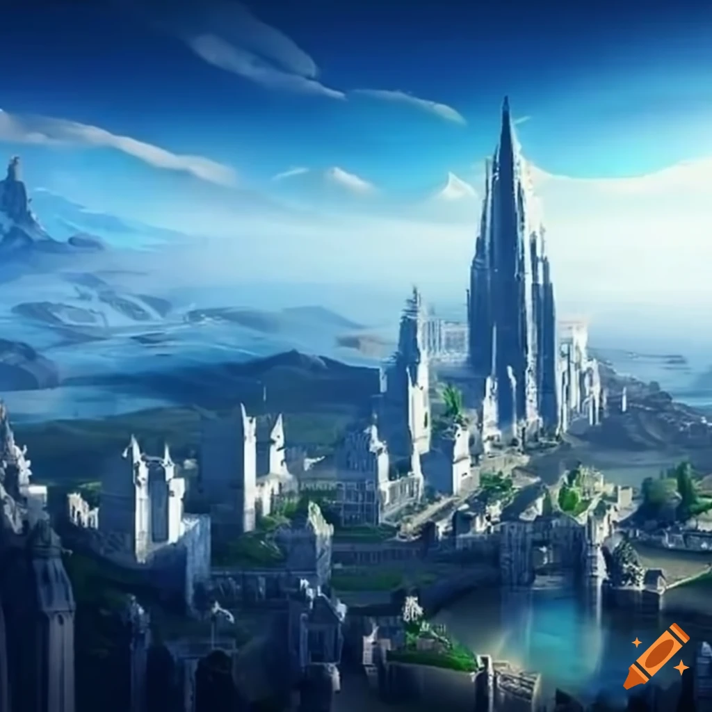 Fantasy capital city with white towers in a beautiful landscape on Craiyon