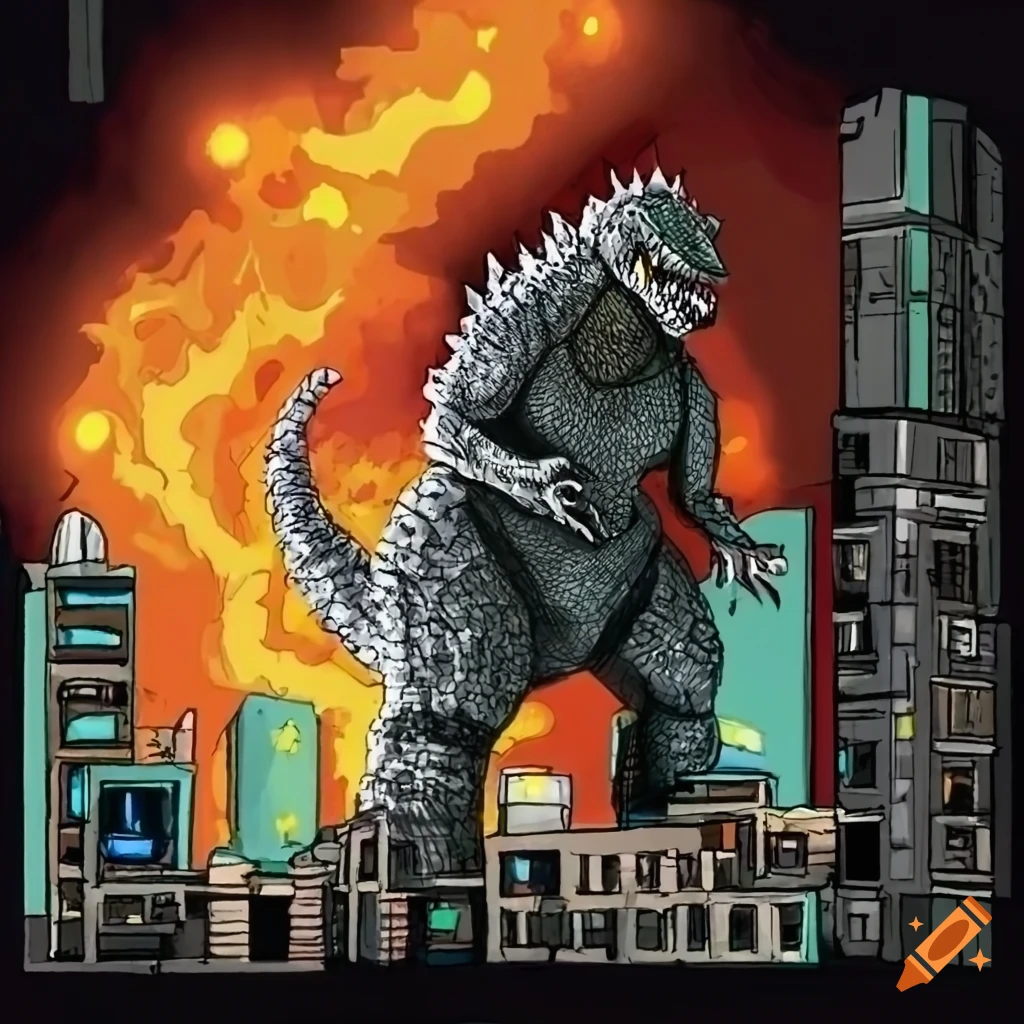 Godzilla battling a futuristic mecha in a post-apocalyptic cityscape on ...