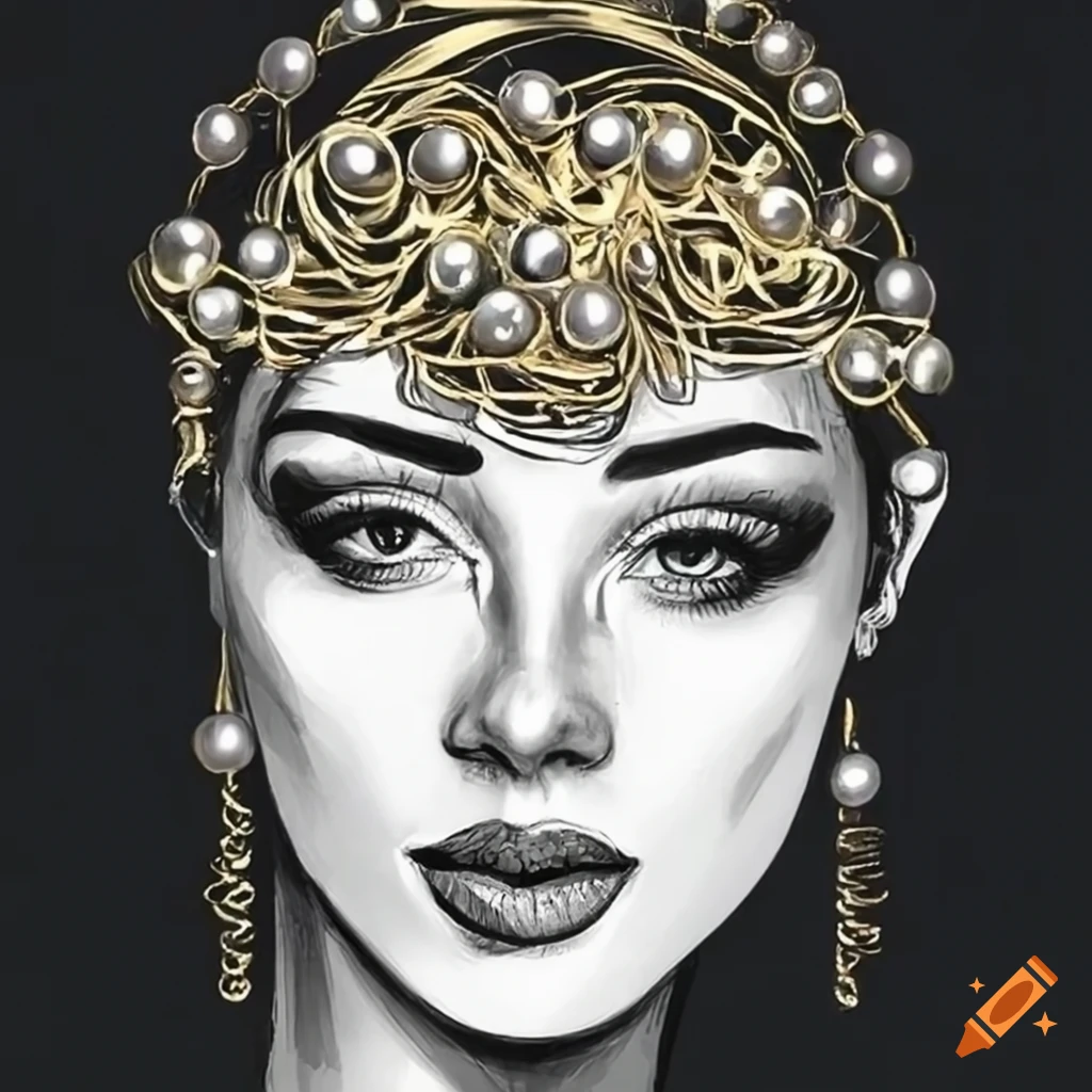 Beautiful woman with pearls and gold in her hair on Craiyon