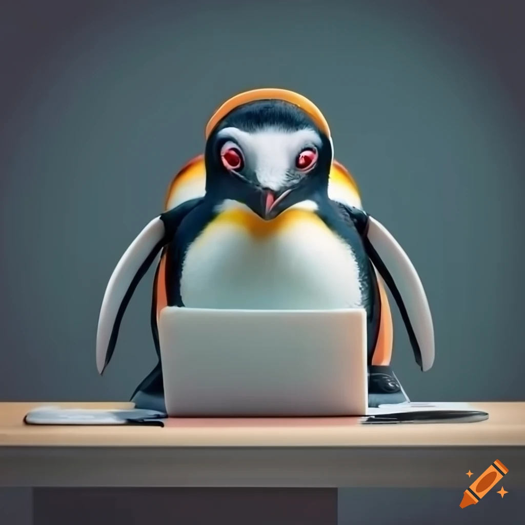 Friendly penguin with headphones typing on a computer on Craiyon