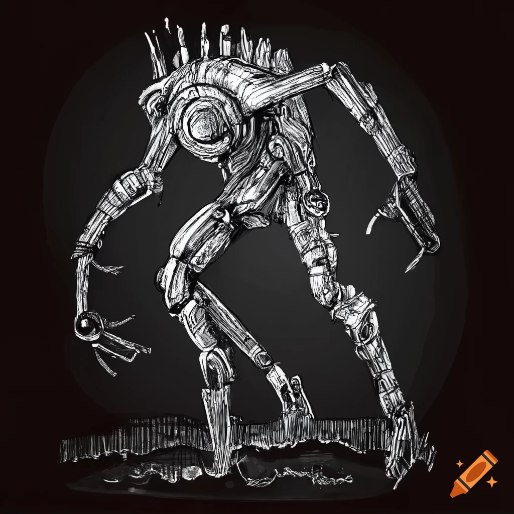 High resolution charcoal drawn robotic creature on white background on ...