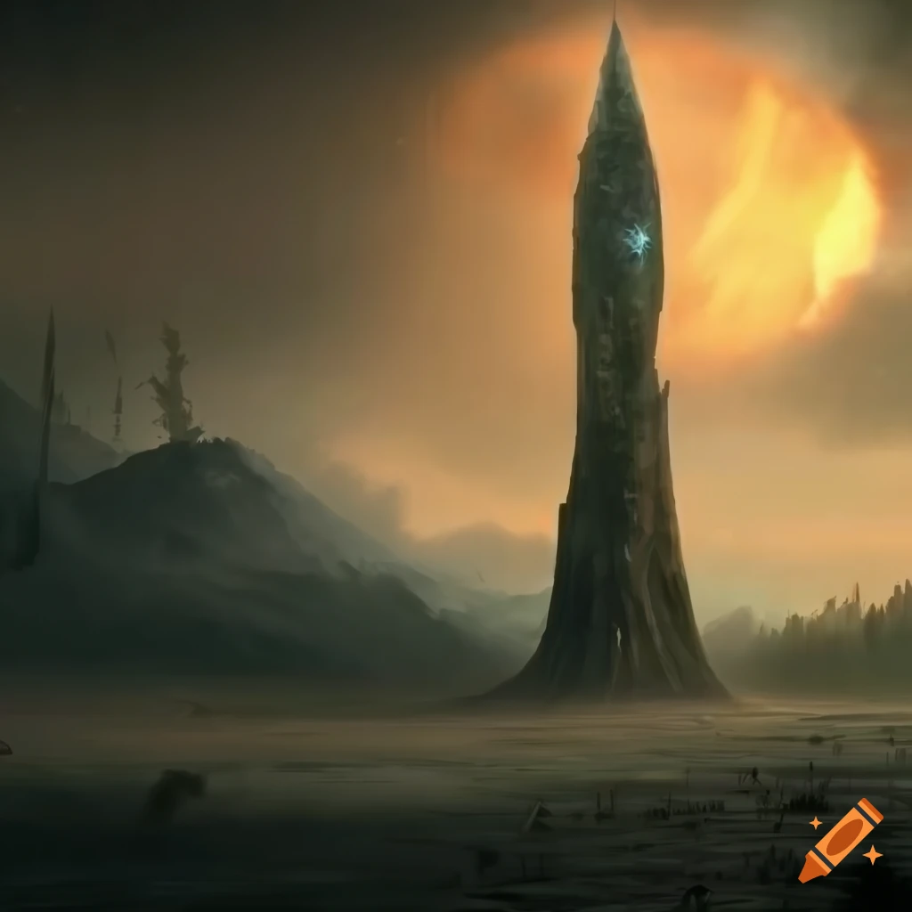 Realistic photo of an alien landscape with a large tower in the ...