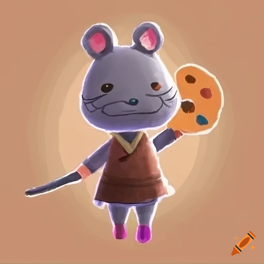 Grey rat monk with a paint palette in animal crossing style on Craiyon