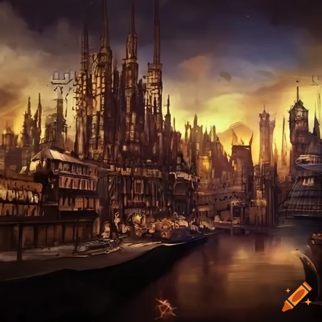 Steampunk city concept art on Craiyon