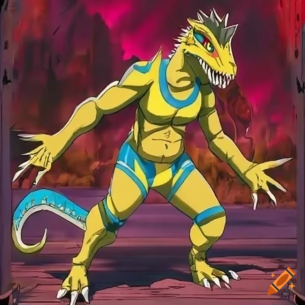 Yellow allosaurus in wrestling clothing in the yu-gi-oh art style on ...