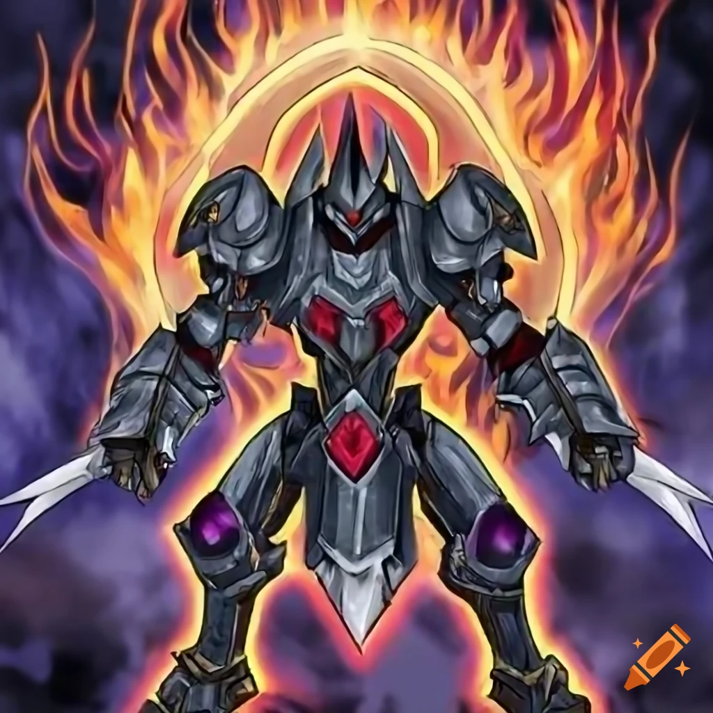 Armored warrior surrounded by flames in yu-gi-oh art style on Craiyon
