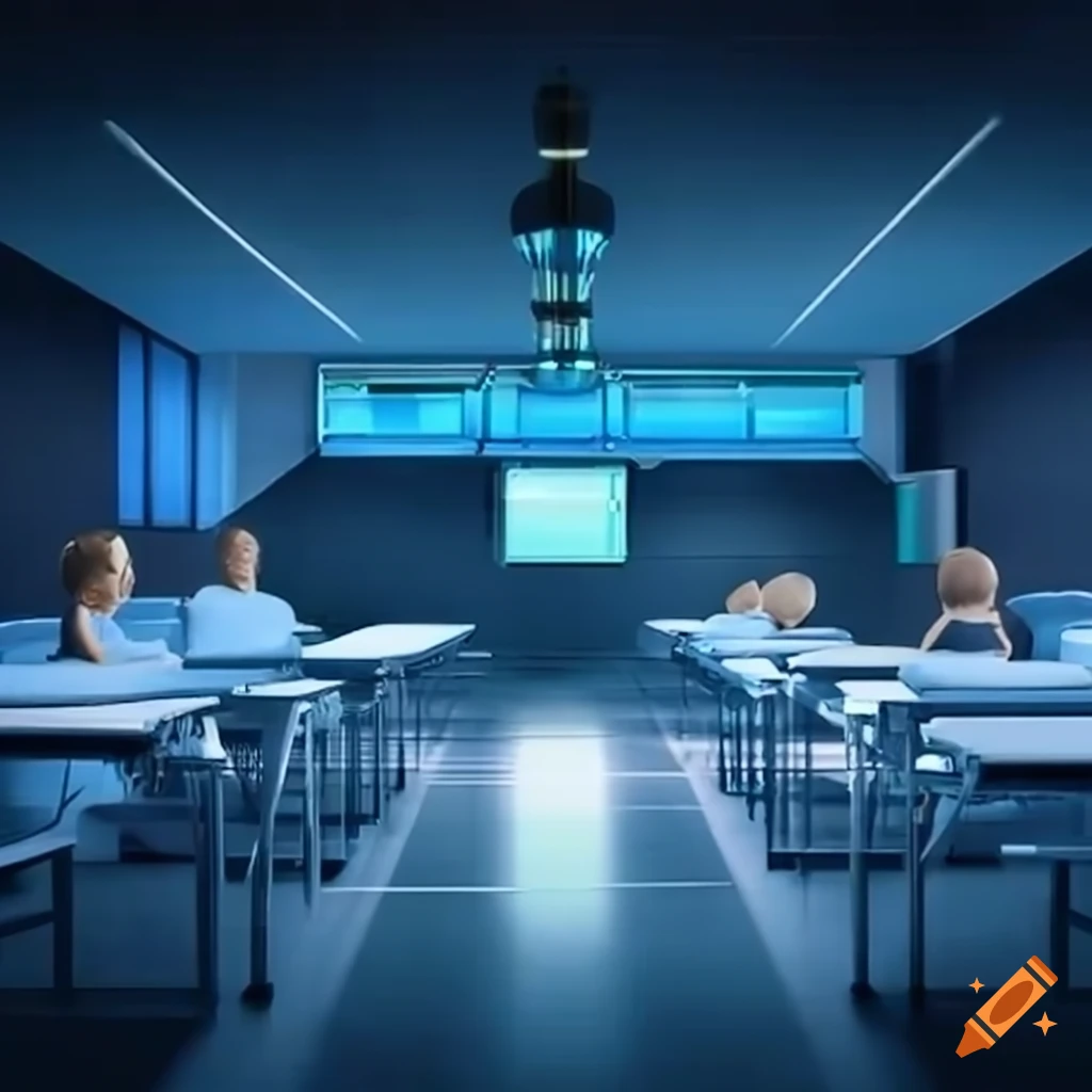 Futuristic classroom with middle school students engaged in technology ...