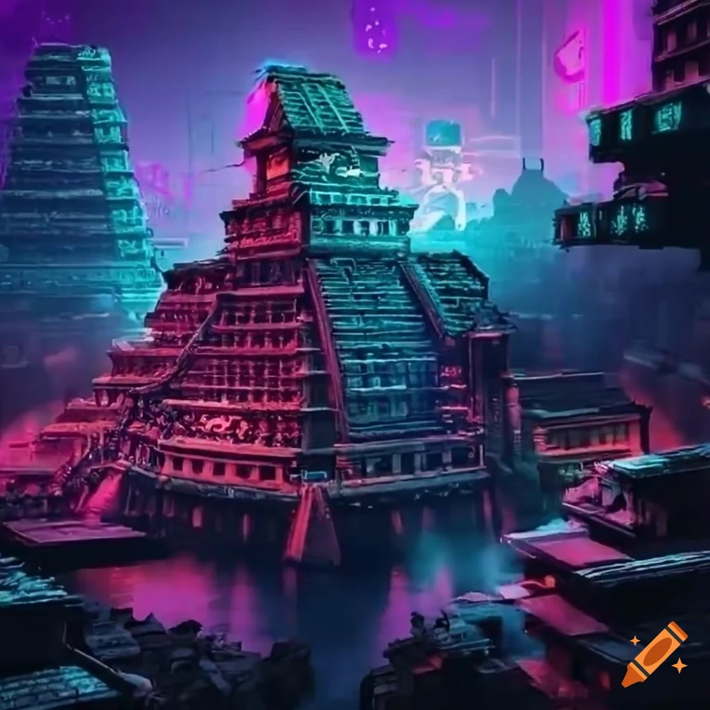 Aztec temple in a cyberpunk city with cinematic atmosphere on Craiyon