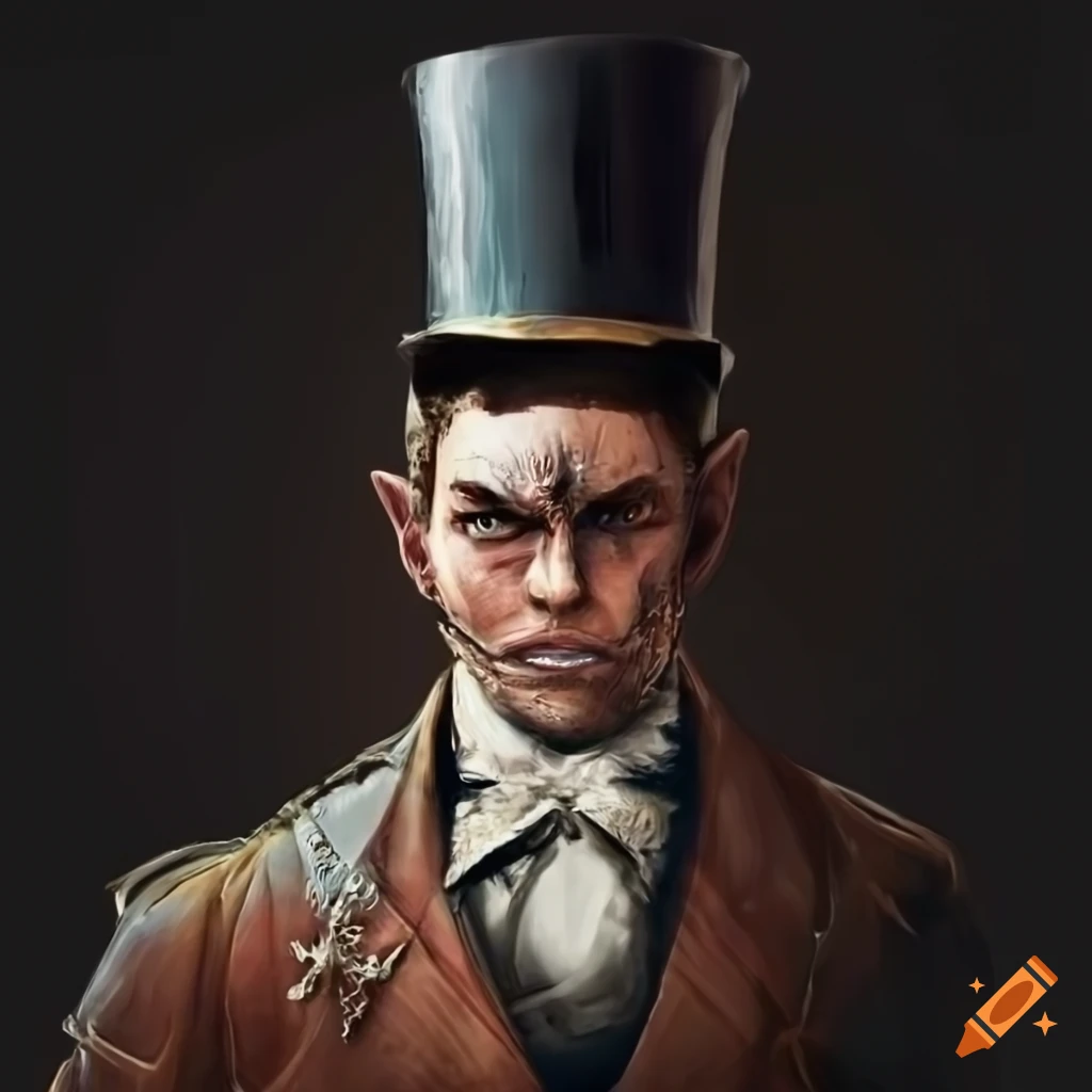 Man wearing a top hat and fish-skin tailcoat with shark teeth and gills ...