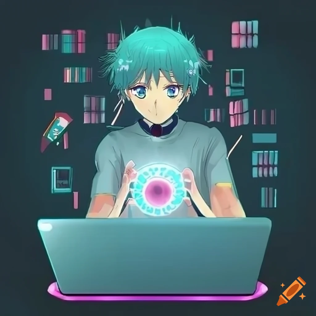 Anime style graphic of a person using a computer-machine on Craiyon