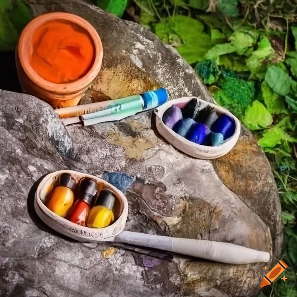 Open tubes of gouache paint on rustic stone surrounded by nature on Craiyon