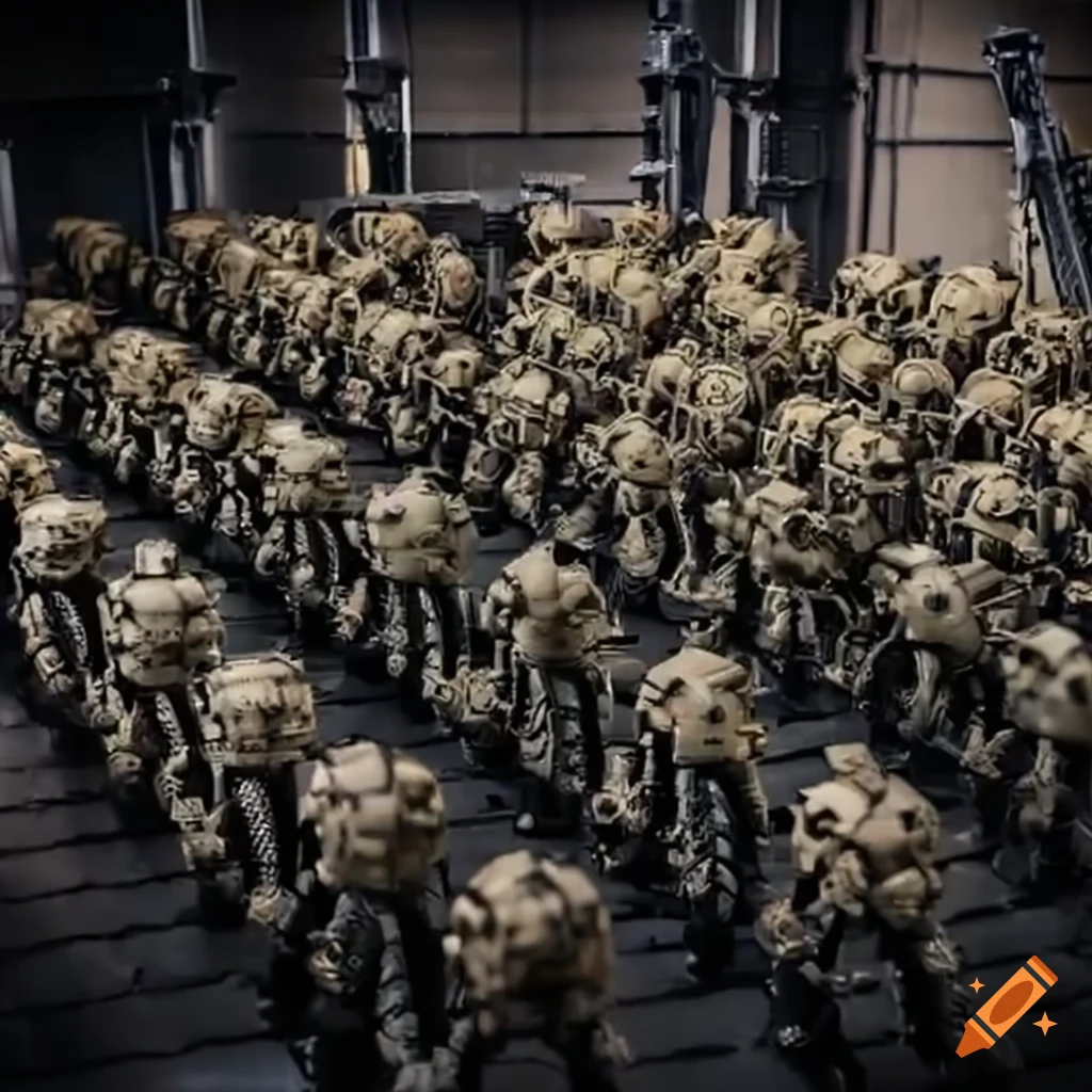 Large robot army marching on a machinery floor on Craiyon