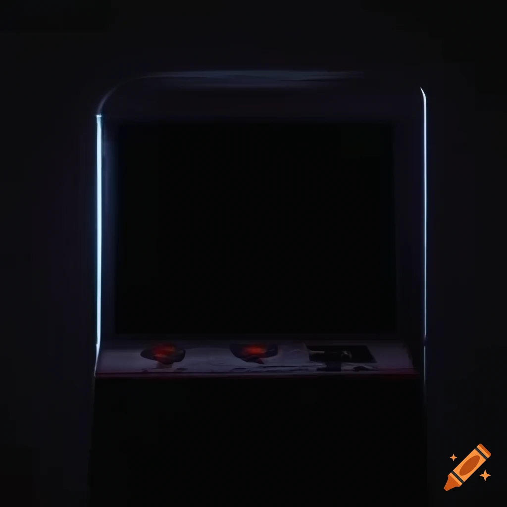 Arcade with black screen in a dark setting with close-up perspective on ...