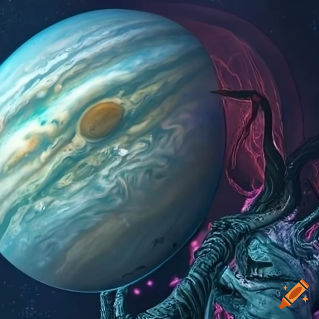 Lovecraftian skeleton astronaut lost in space with planet jupiter on Craiyon