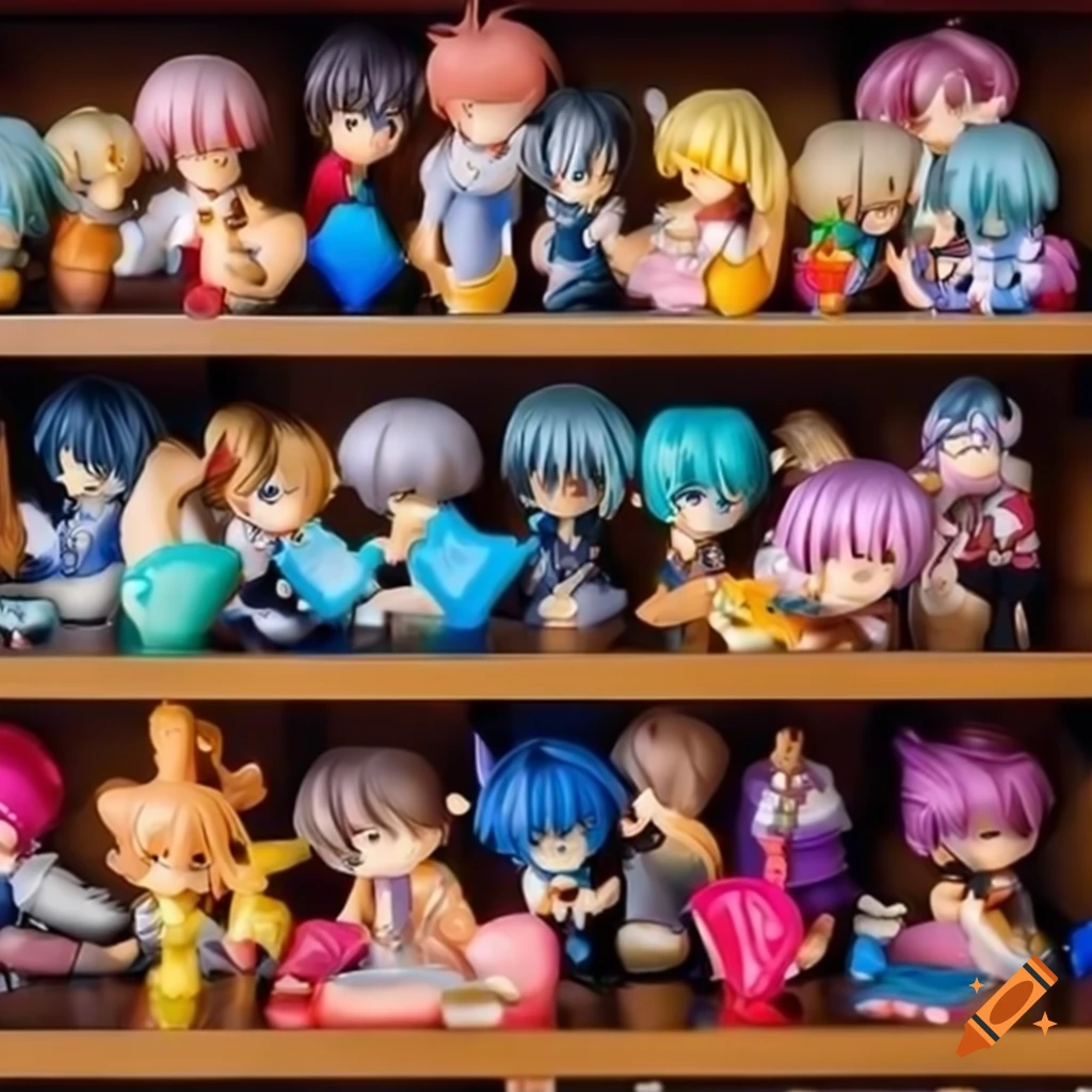 Adorable anime figurines displayed on vibrant shelves on Craiyon