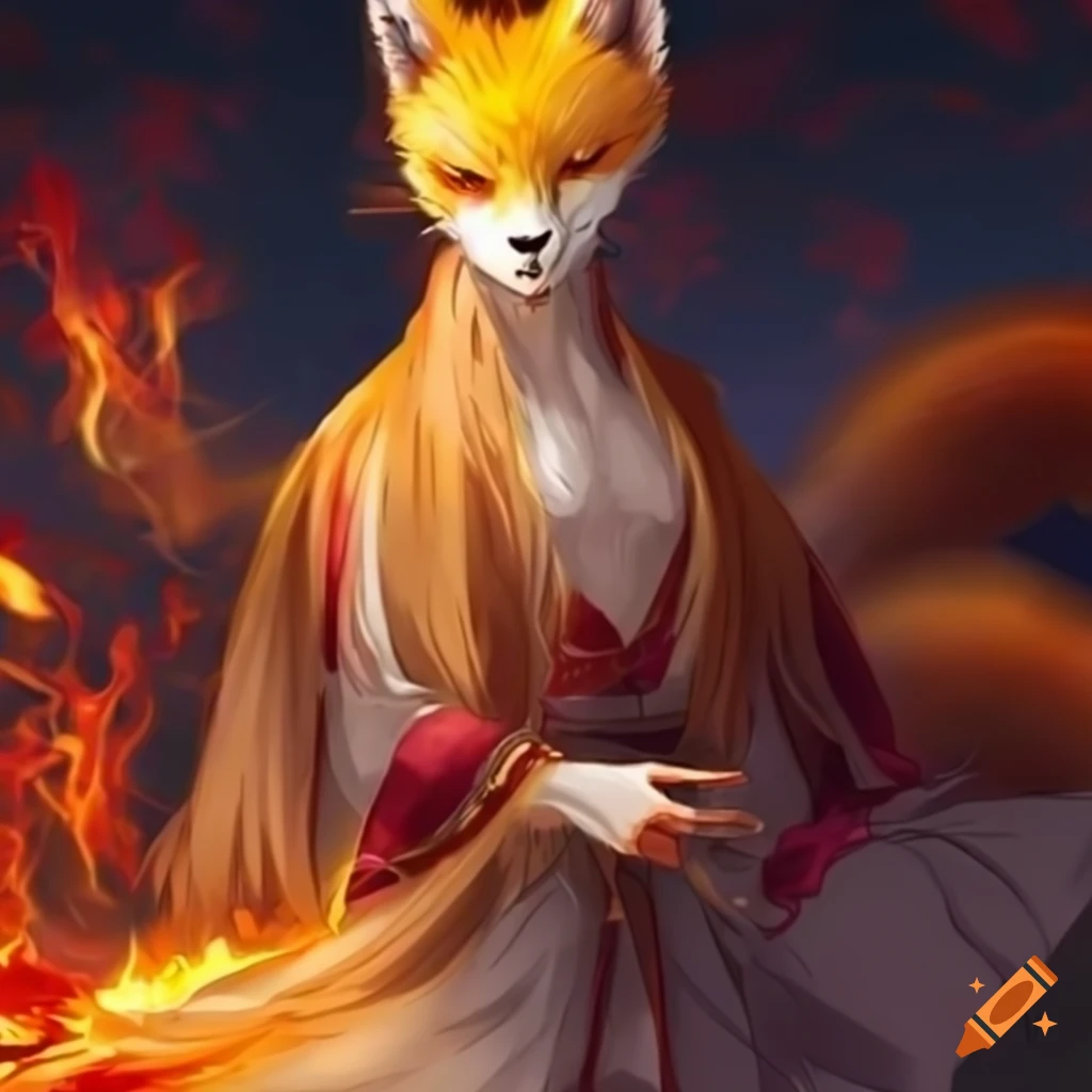 Male kitsune with yellow hair using ghostly fire on Craiyon