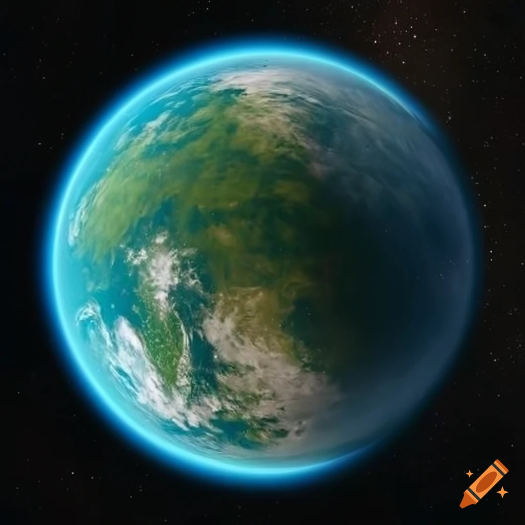 Space view of a jungle planet with oceans and ice on the poles on Craiyon
