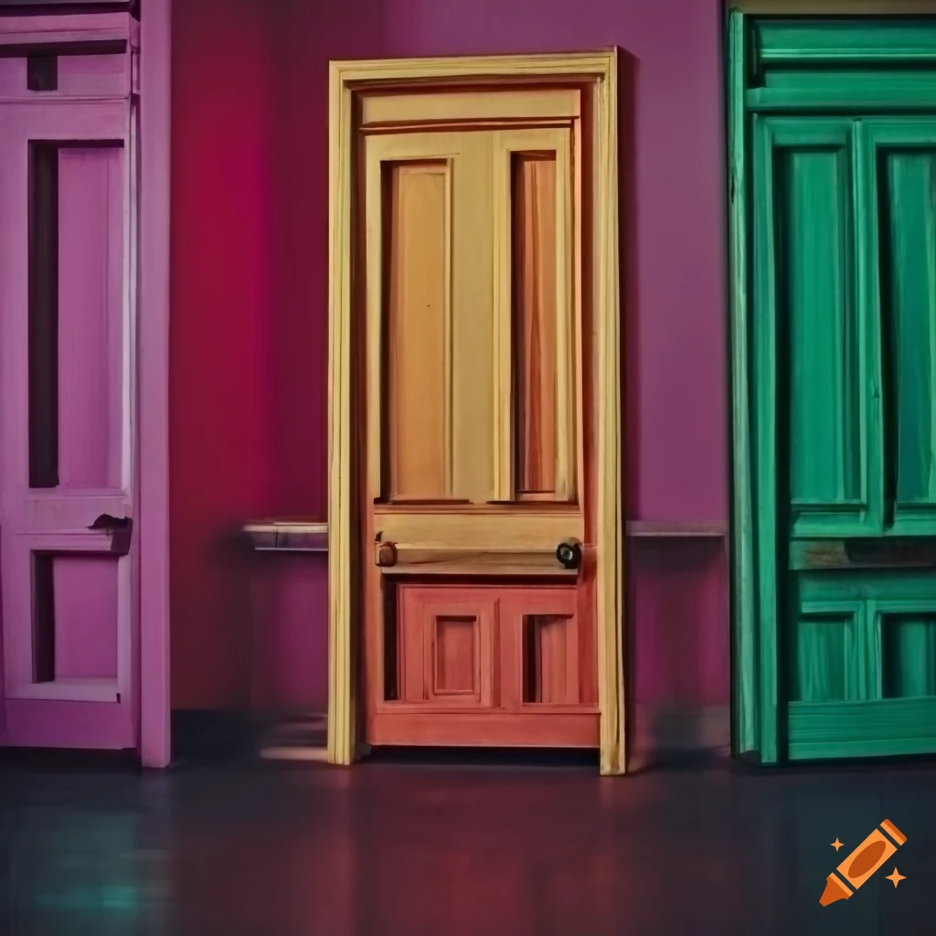 Three closed colored doors in a dark room on Craiyon
