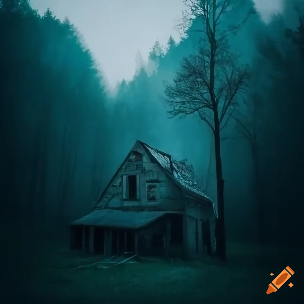 Abandoned buildings in a misty moonlit forest on Craiyon