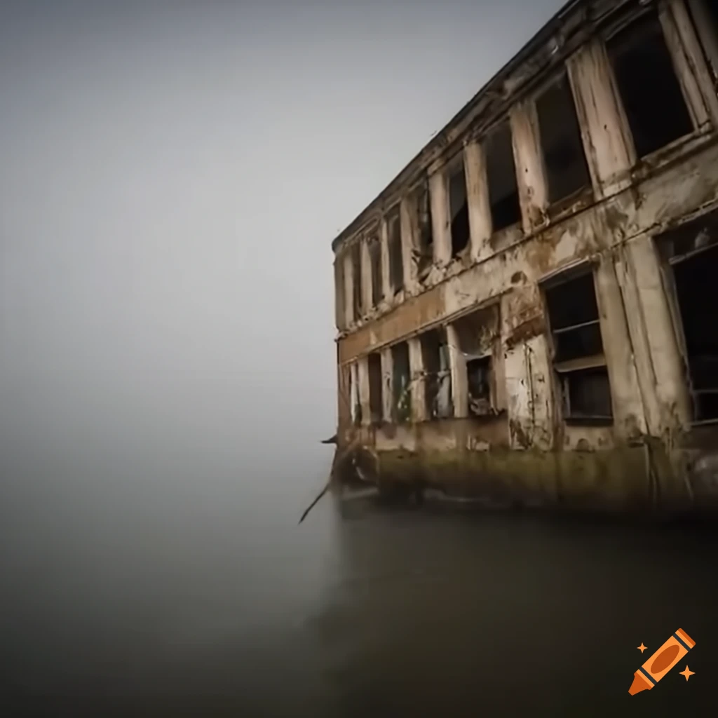 Close-up of abandoned building sinking into ocean in a pale orange fog ...