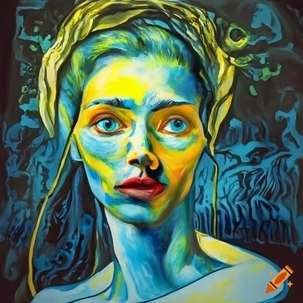 Surrealistic van Gogh-style painting of a woman with blue, green, and ...