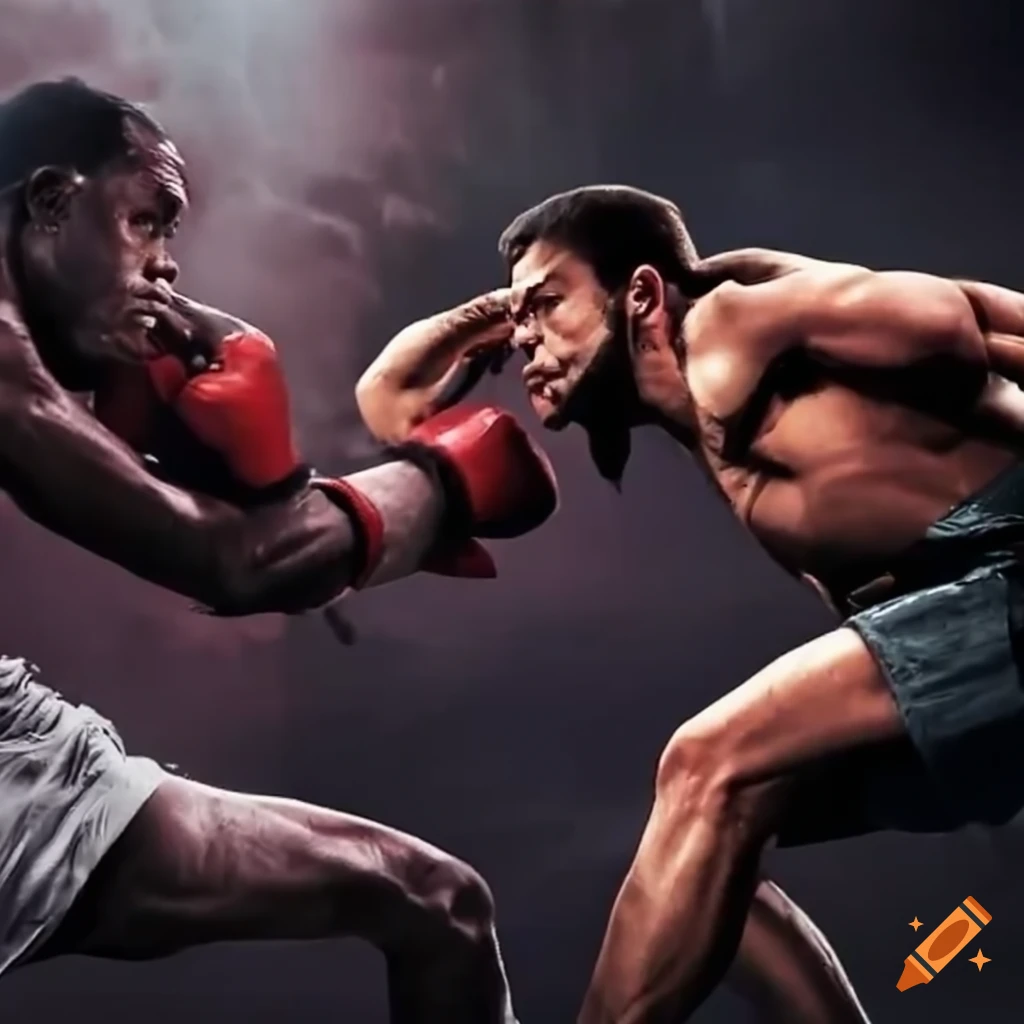 Dynamic fight scene in a sports arena on Craiyon