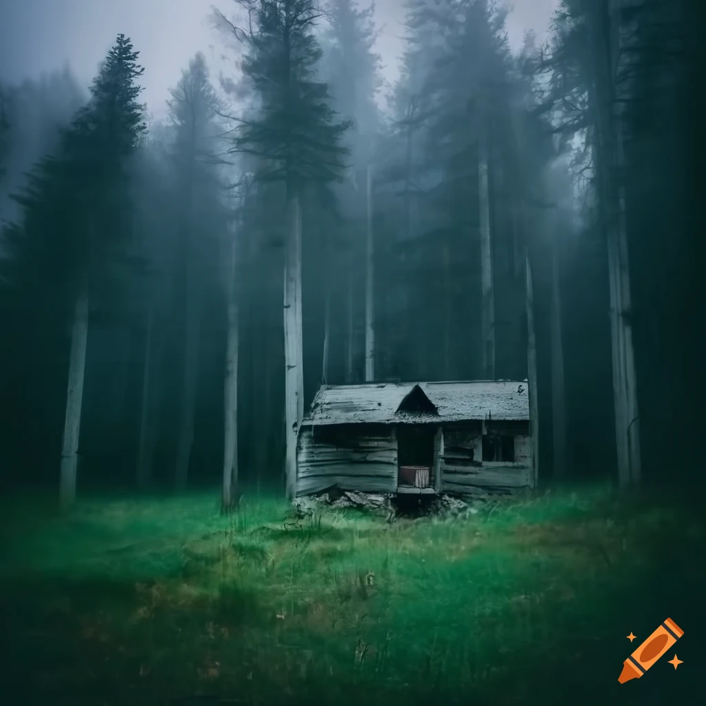 Abandoned buildings in a misty moonlit forest on Craiyon