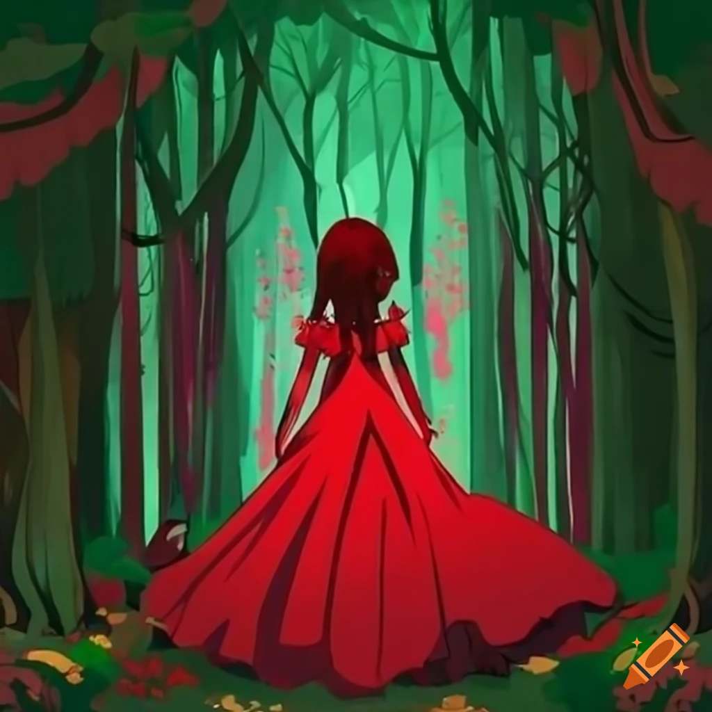 Girl in red dress lost in the woods with a mysterious aura on Craiyon