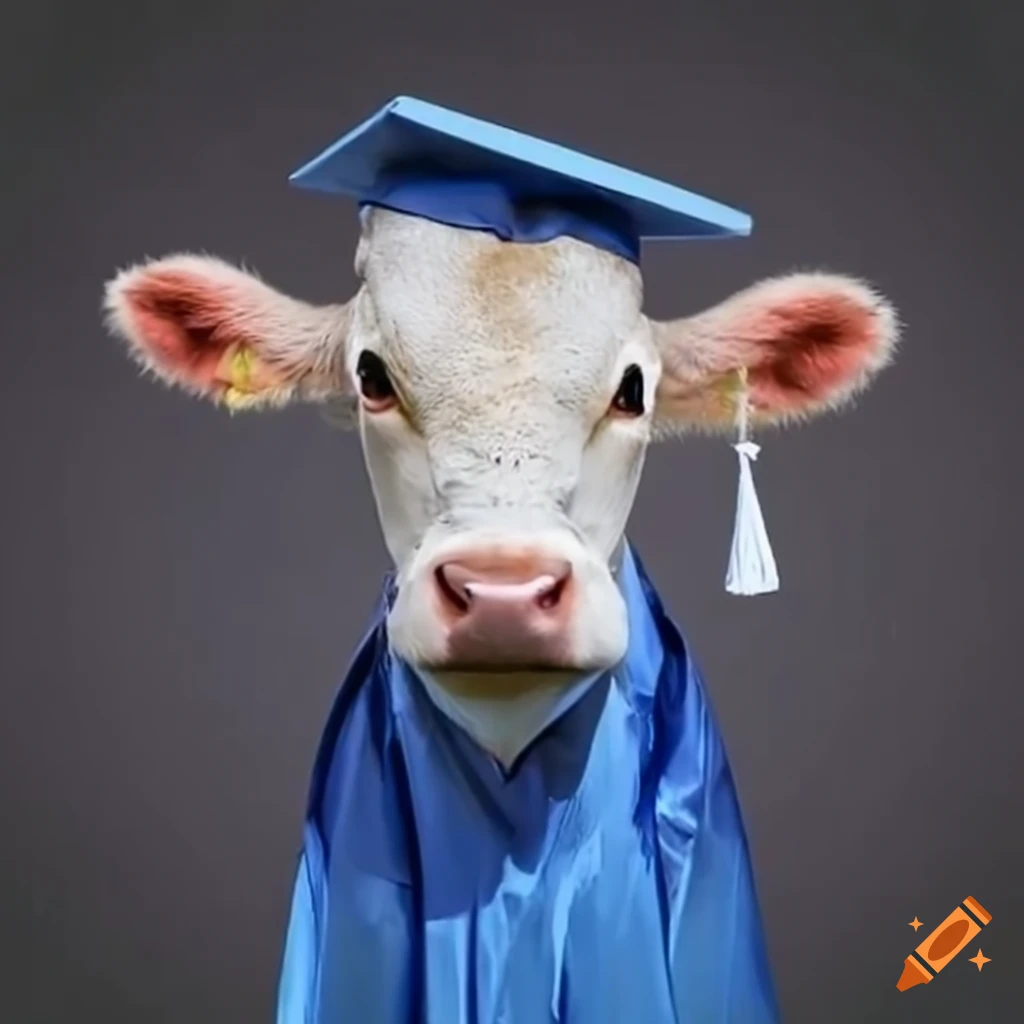 Lovable cow in graduation cap and gown on Craiyon