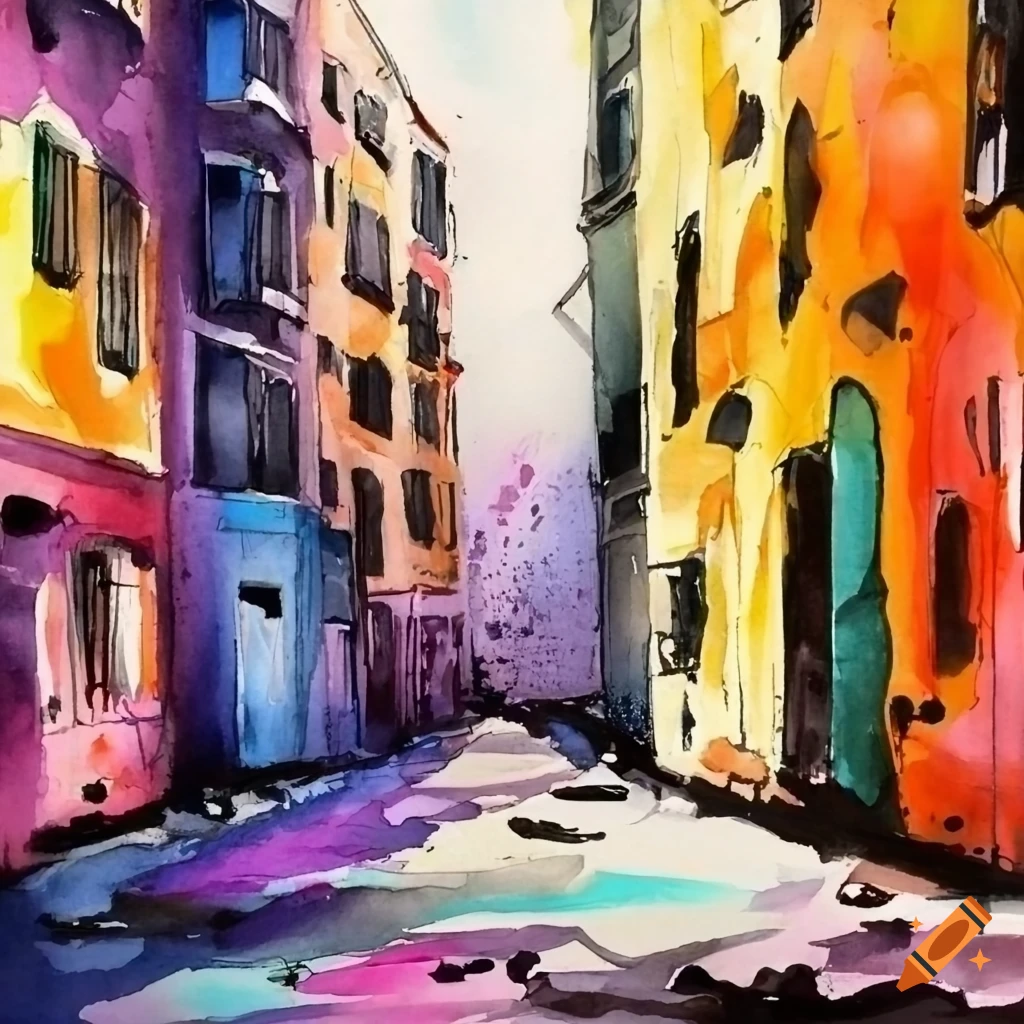 Urban street watercolor painting on Craiyon