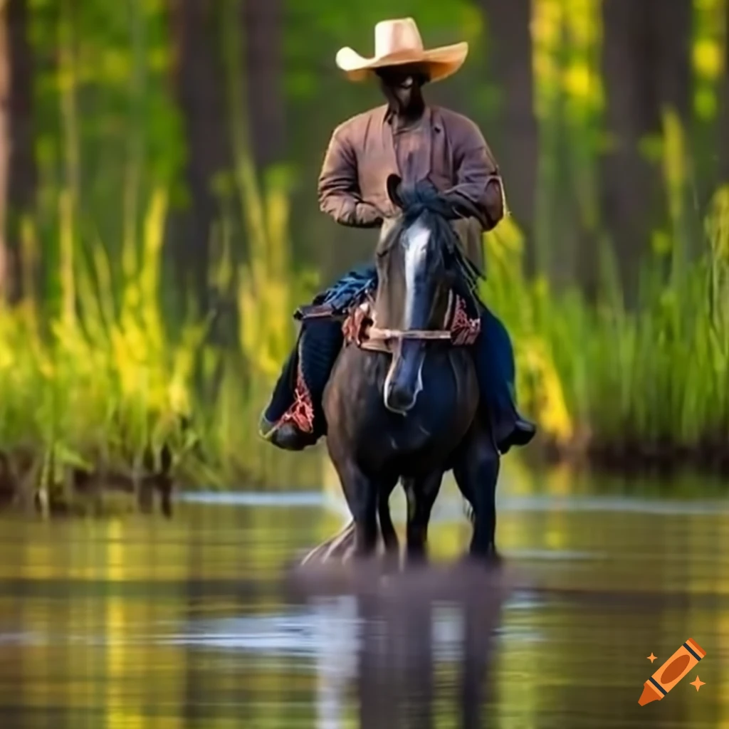 Stylish cowboy riding a horse in a swamp setting on Craiyon