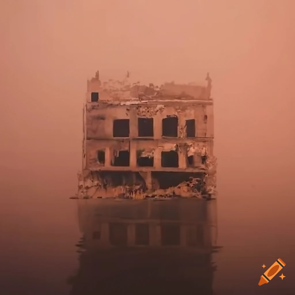 Close-up of abandoned building sinking into ocean in a pale orange fog ...