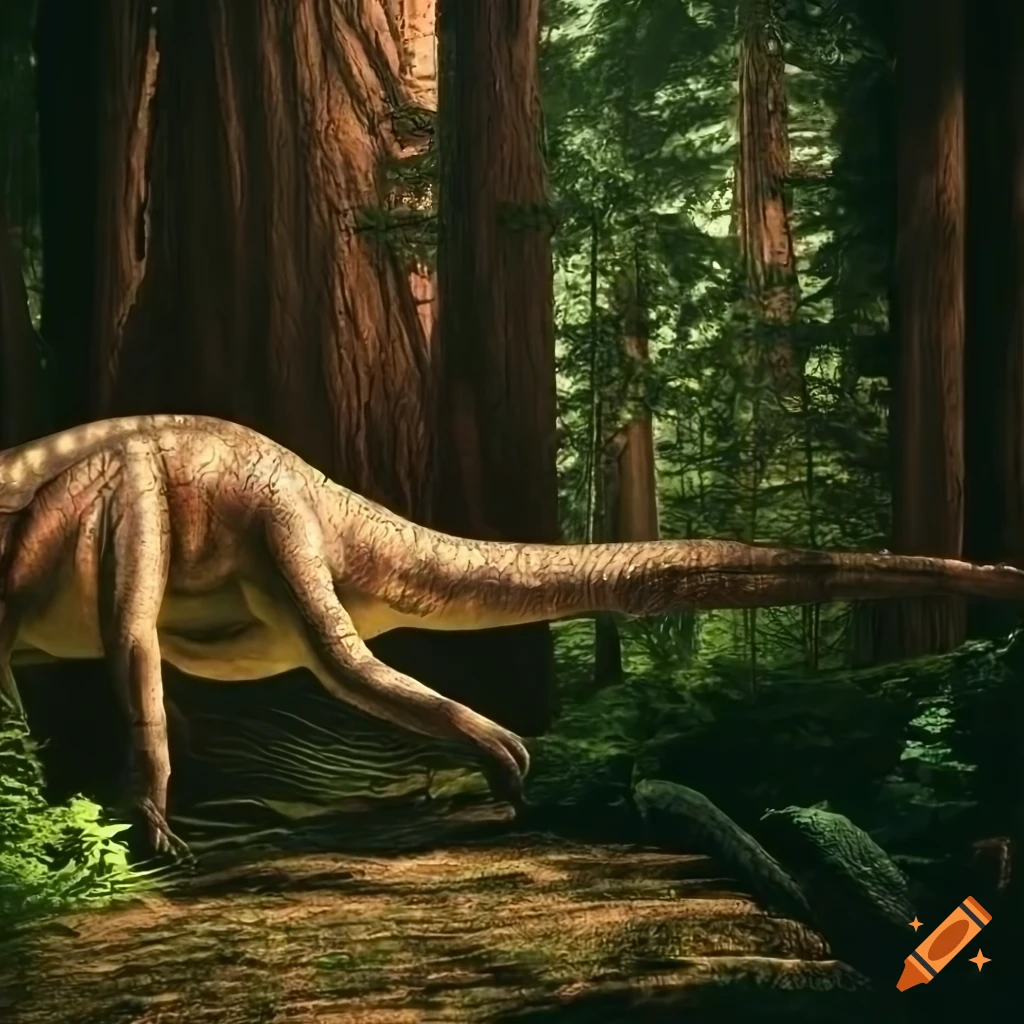 Detailed Hadrosaurus dinosaurs in a cedar forest clearing with intense noon light on Craiyon